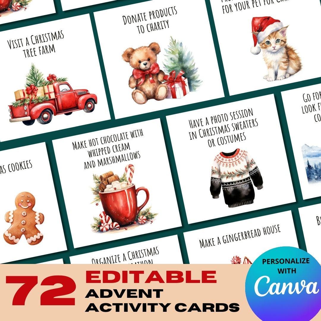 Editable 72 Printable Advent Activity Cards for Kids, Christmas Bucket ...