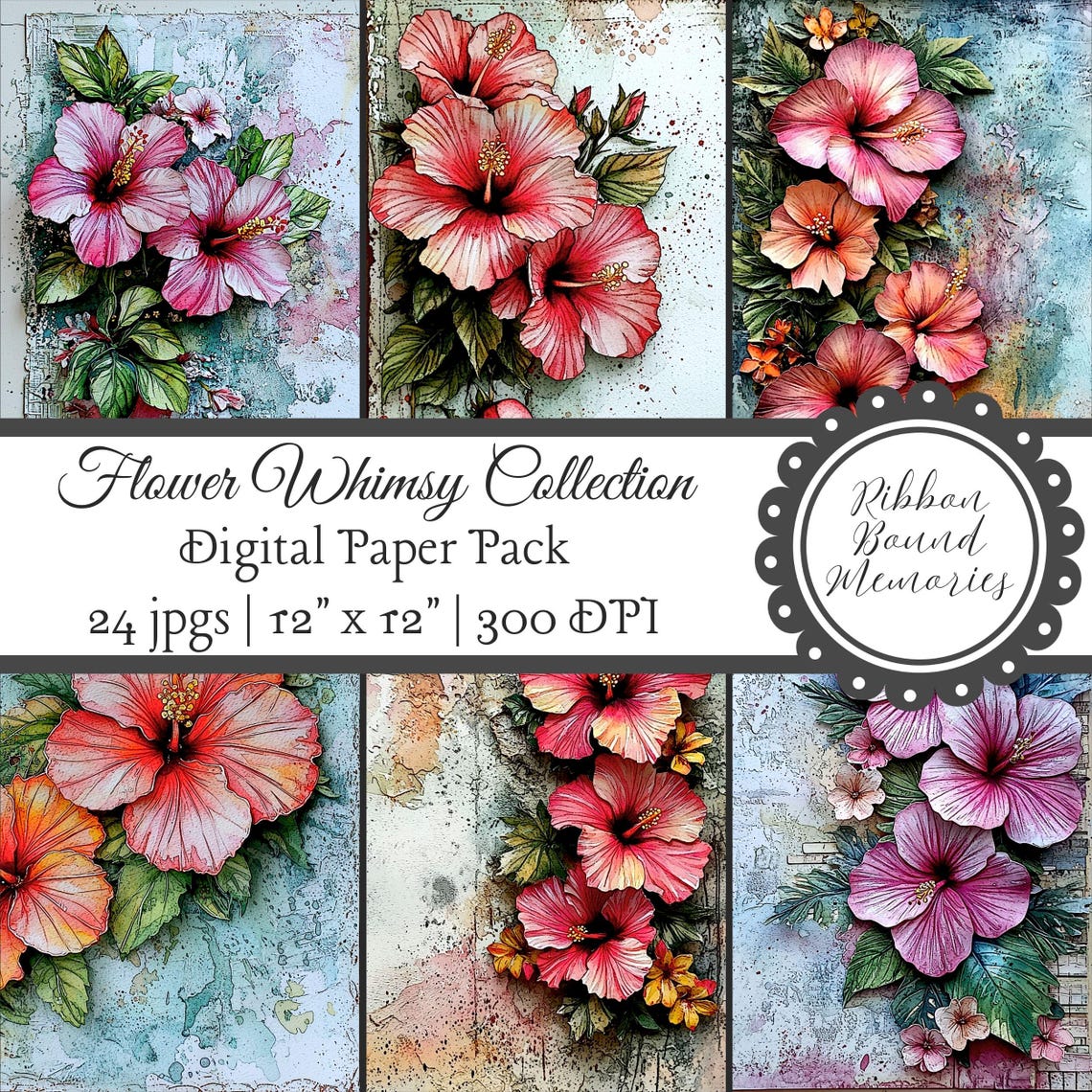 Hibiscus Digital Paper Set, Tropical Scrapbook Pages (digital Download ...