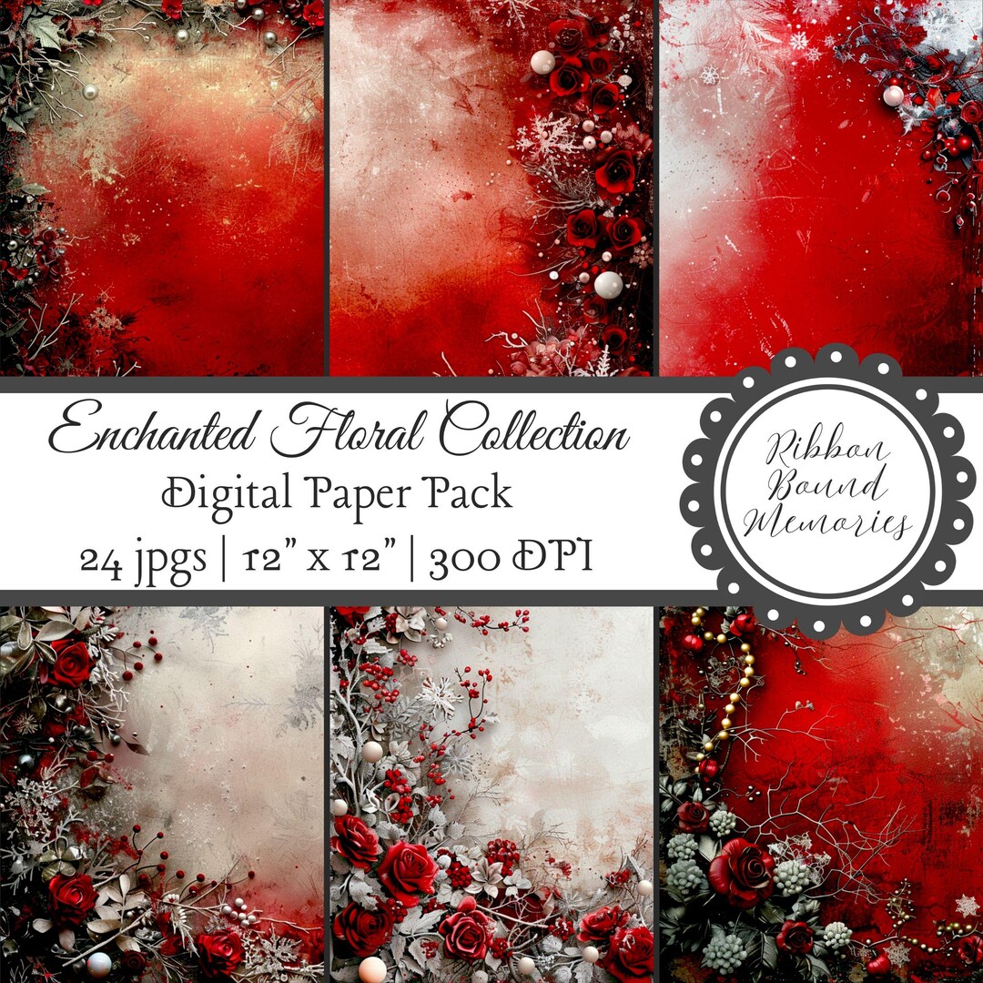 Red Floral Scrapbooking Digital Paper Set 12x12 Vintage Flower ...