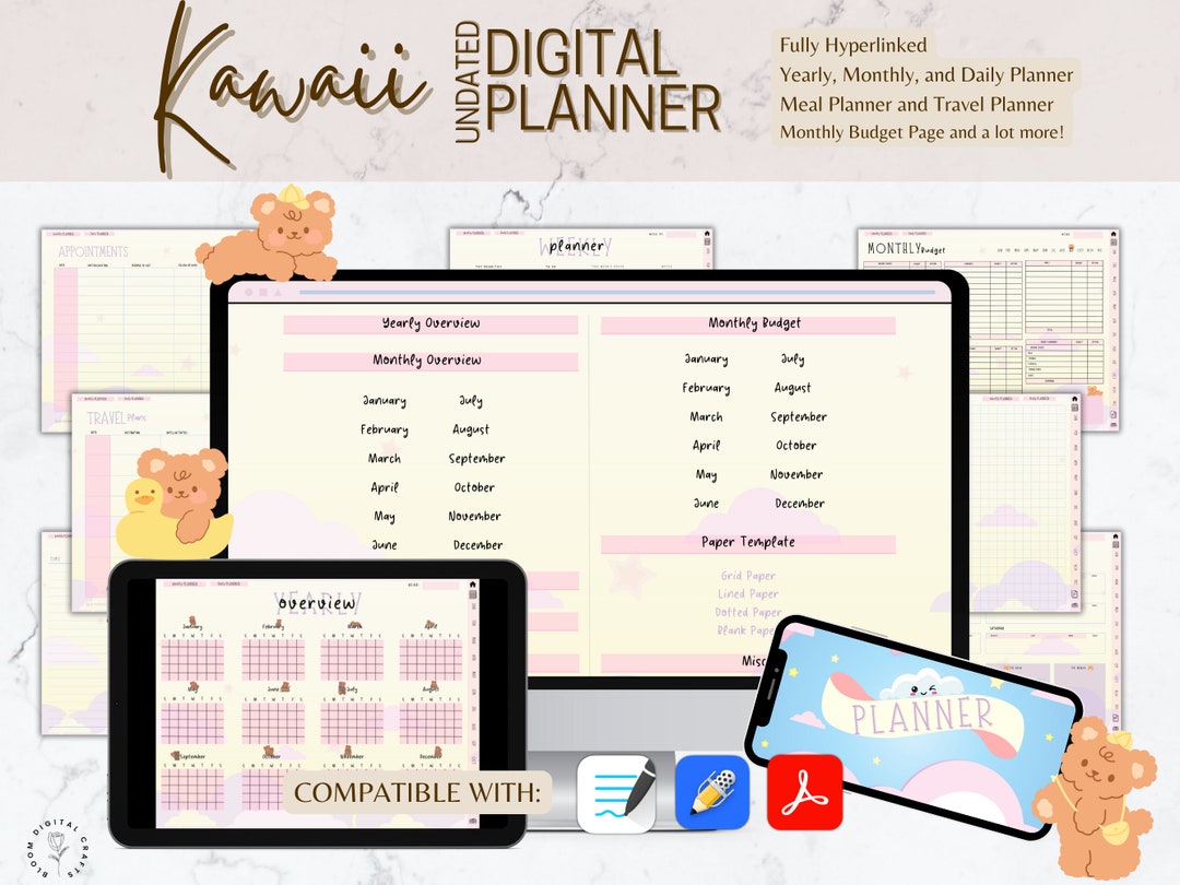 Kawaii Undated Digital Planner No Date Planner With Meal Planner Travel ...