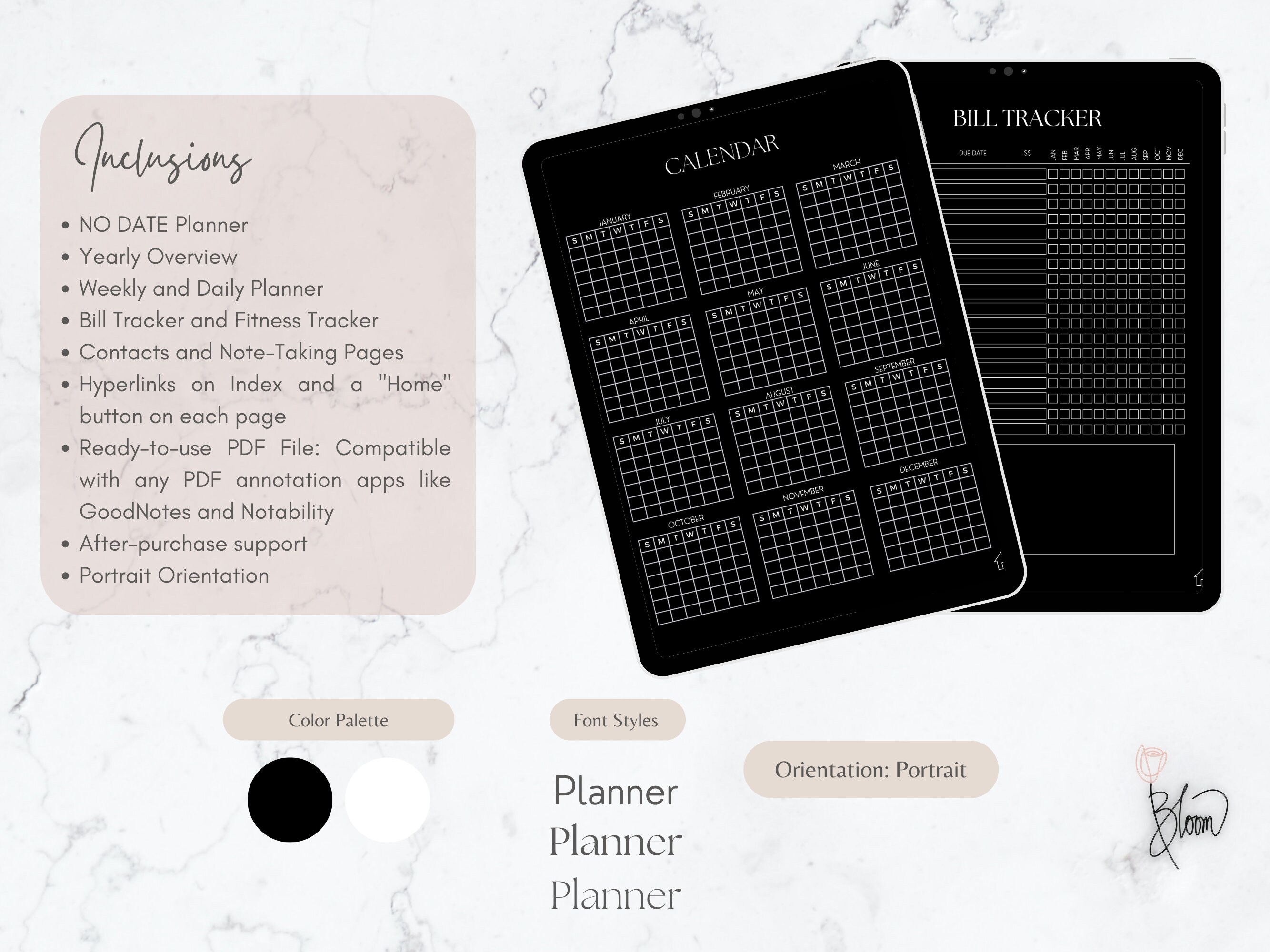 Dark Mode UNDATED Digital Planner Basic and Minimalist Fitness Tracker ...