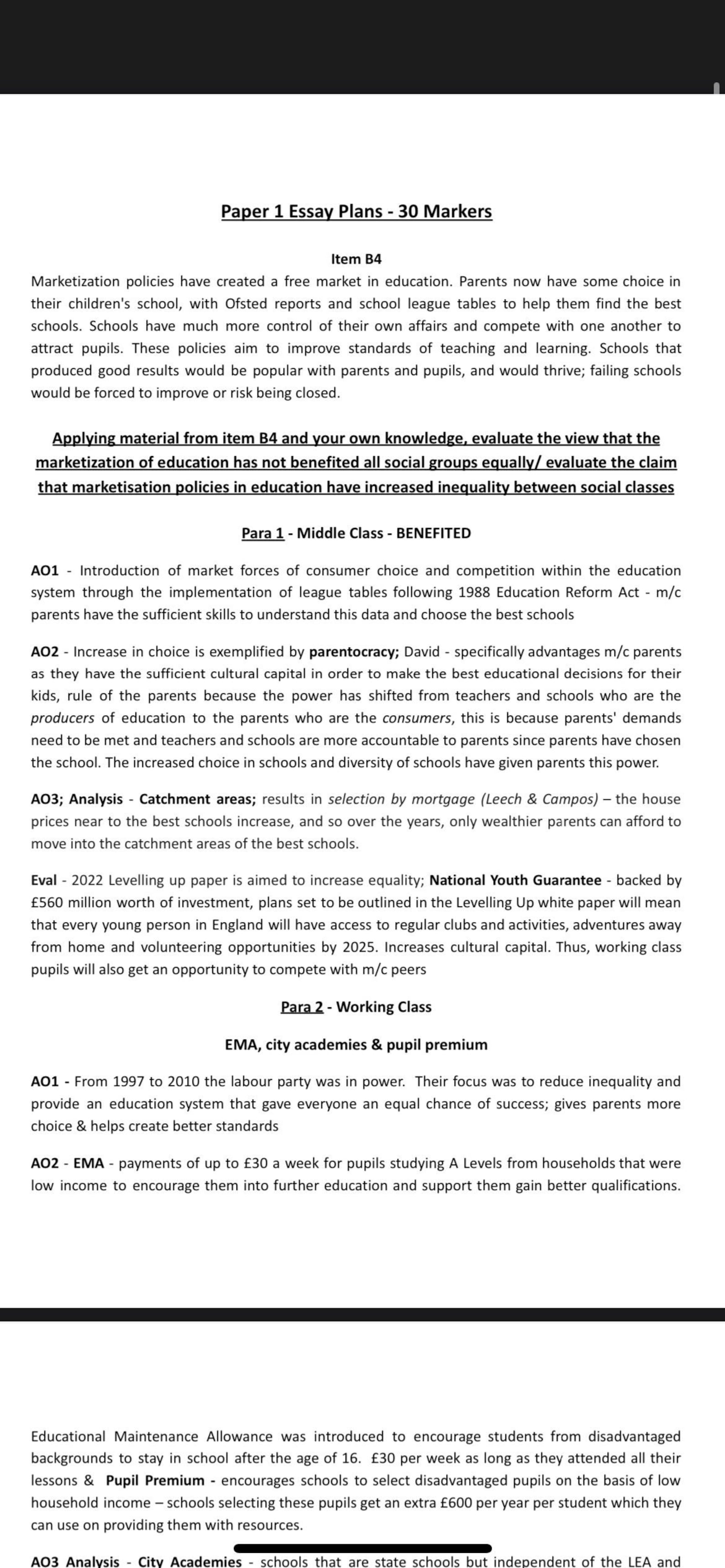 A Level AQA Sociology Paper 1 30 Marker Essay Plans - Marketization ...