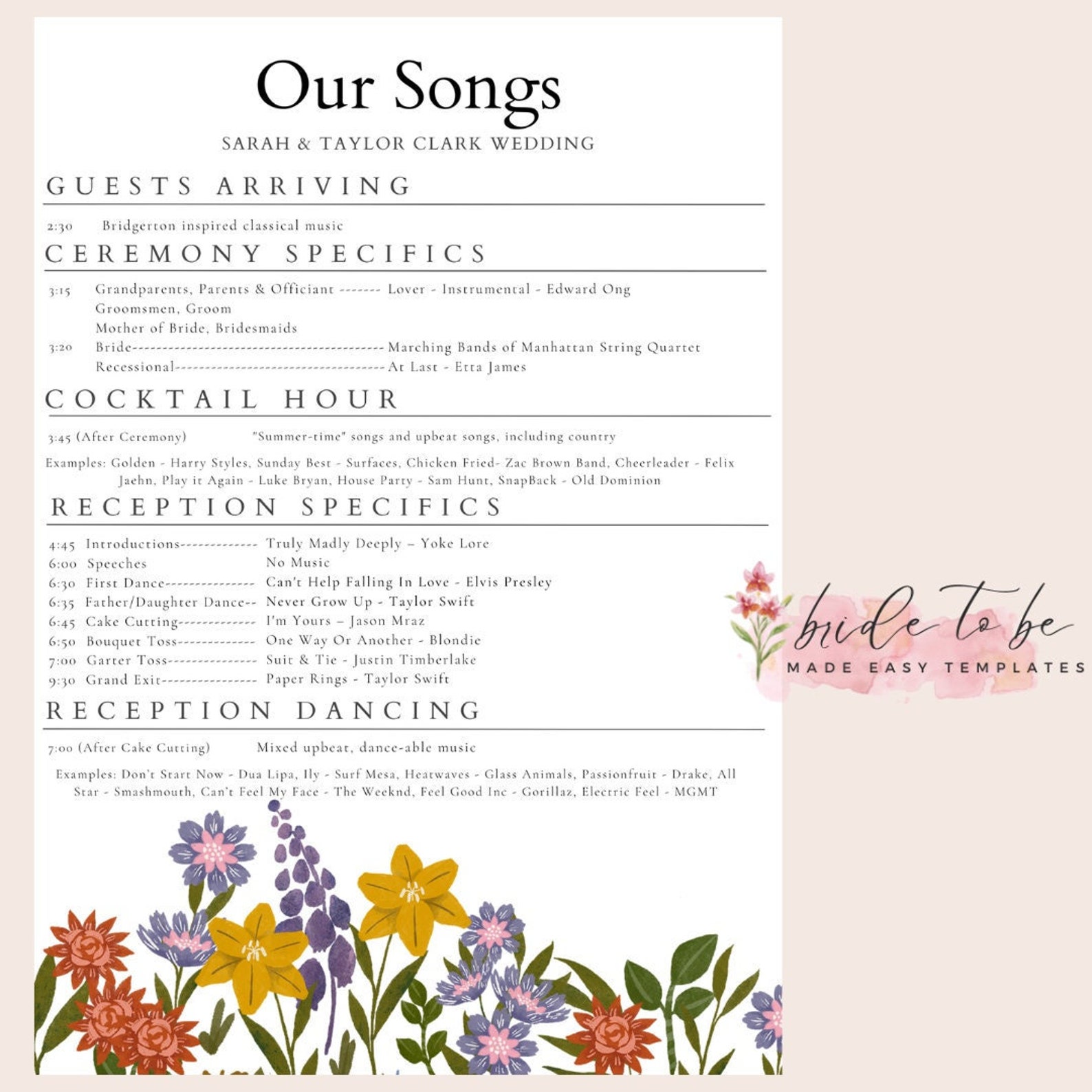 Our Songs V1 Whimsy Wedding DJ Timeline Template, Trending DJ Wedding ...