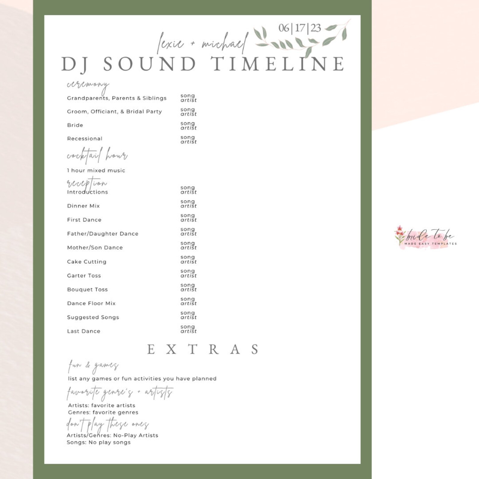 Eucalyptus Wedding DJ Timeline Template, DJ Wedding Music Planning ...