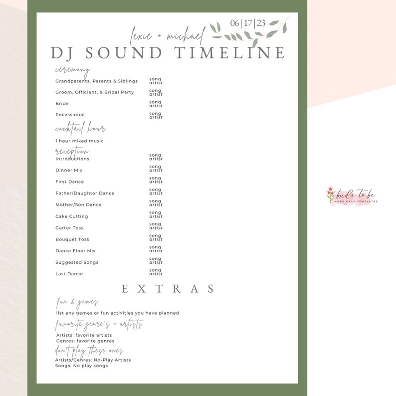 Eucalyptus Wedding DJ Timeline Template, DJ Wedding Music Planning ...