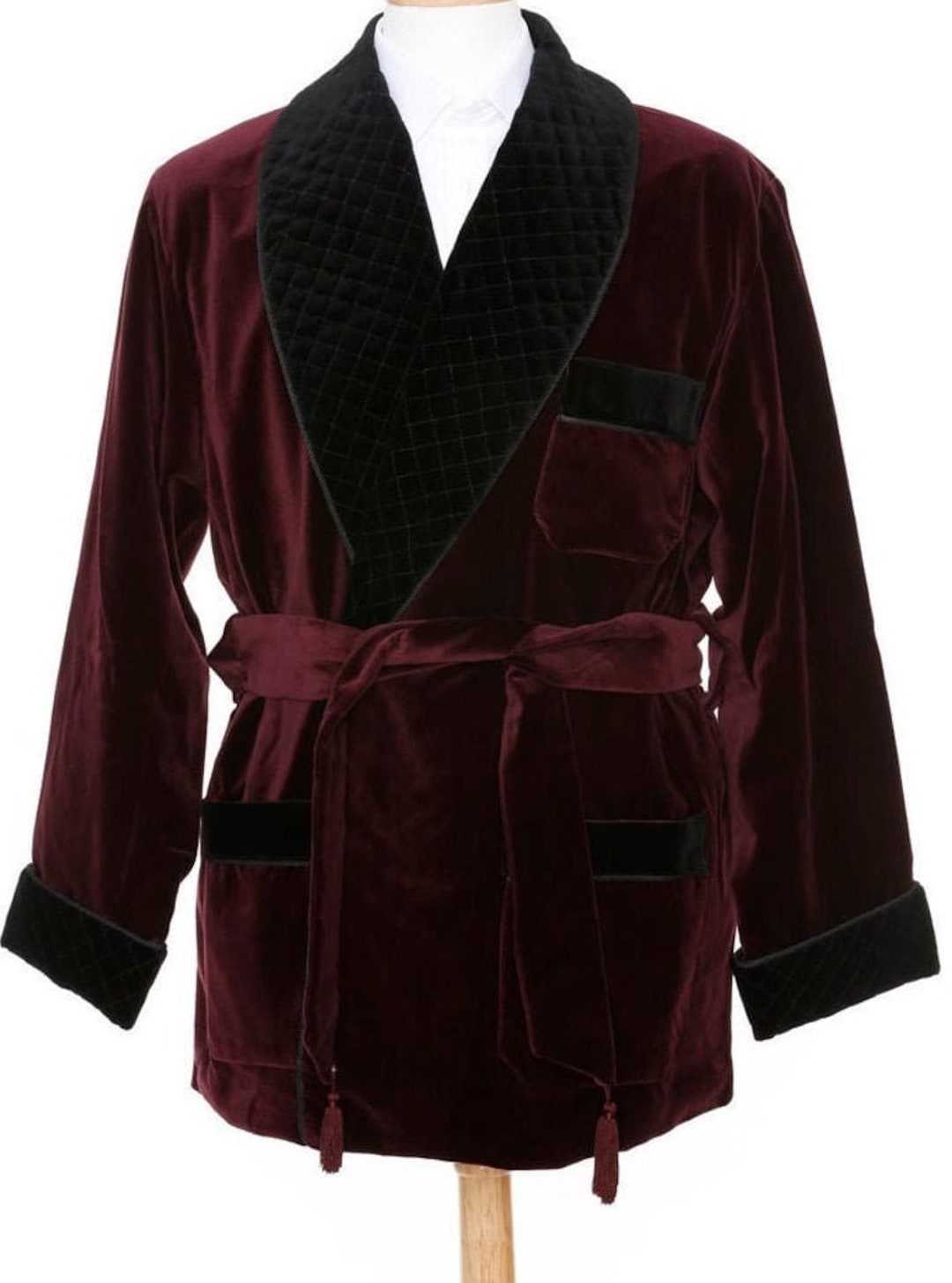 Mens Velvet Burgundy & Black Smoking Jacket Lapel and Cuffs Heavyweight ...