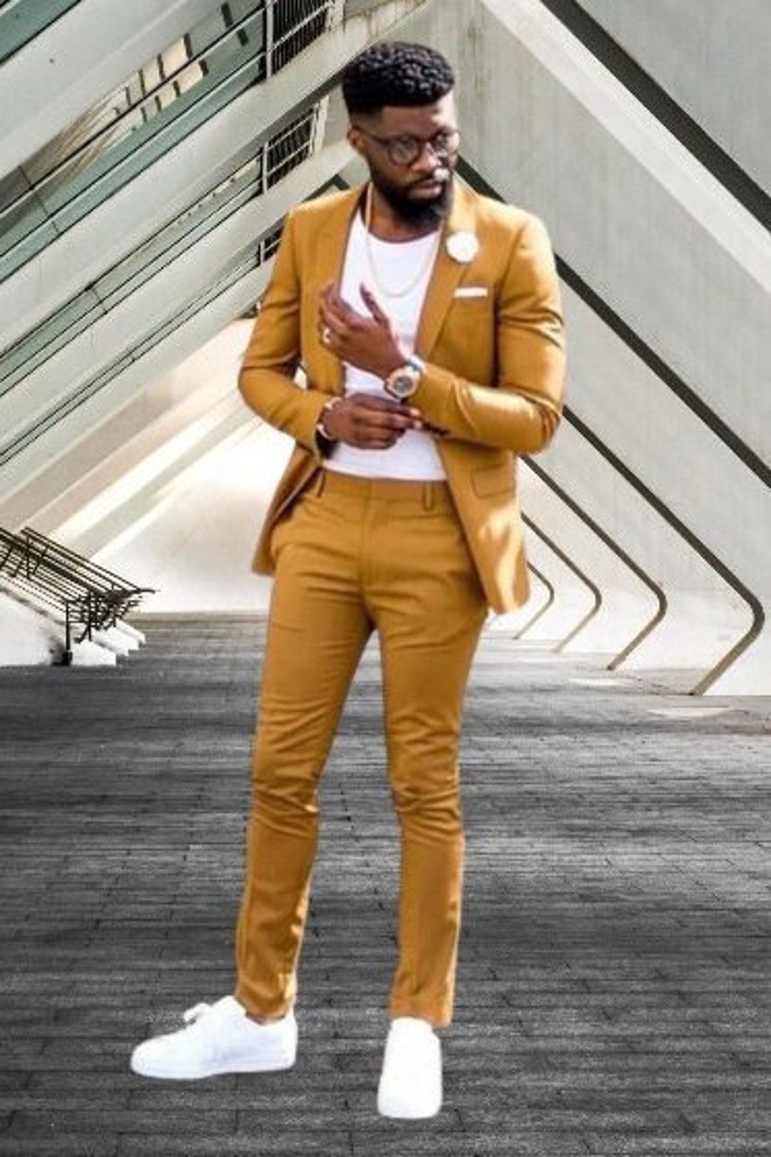 Men Stylish White Classy 2 Piece Suit Slim Fit One Button Mustard Suit for Men Christmas Party ...