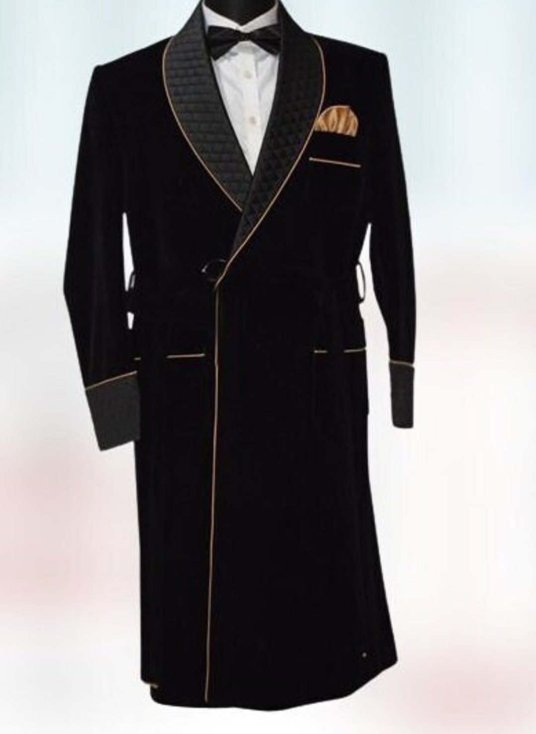 Men Black Smoking Robe, Quilted Gentlemen Silk Warm Long Smoking ...