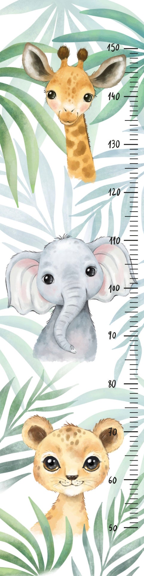 African Animals Height Chart Poster Fluffy Giraffe, Elephant, Lion Cub ...