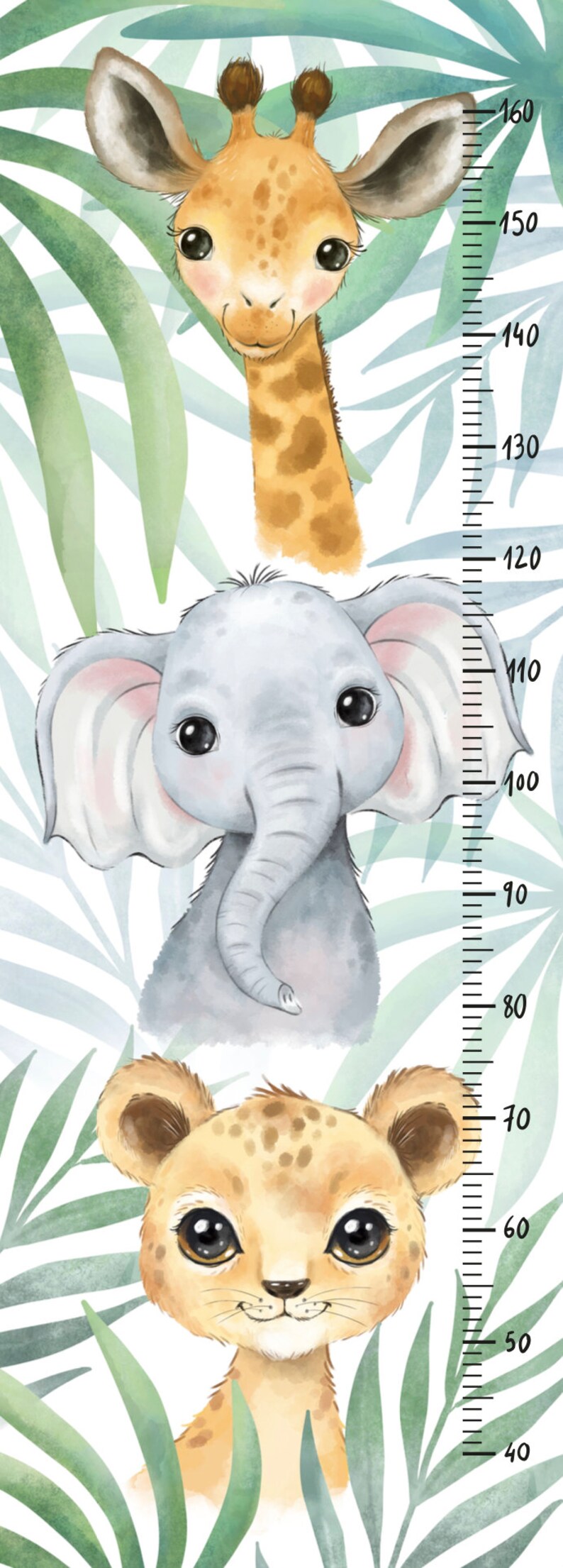 African Animals Height Chart Poster Fluffy Giraffe, Elephant, Lion Cub ...