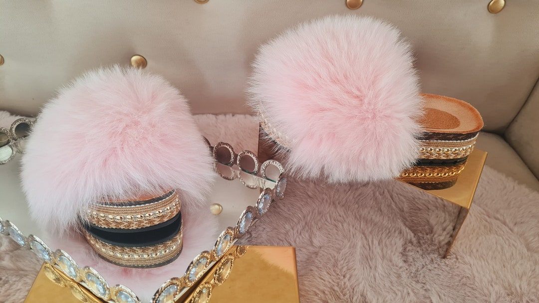 Real Fur Slides Slippers Fox Slip on Flip Flop Sandals, Luxury Fur Gift ...