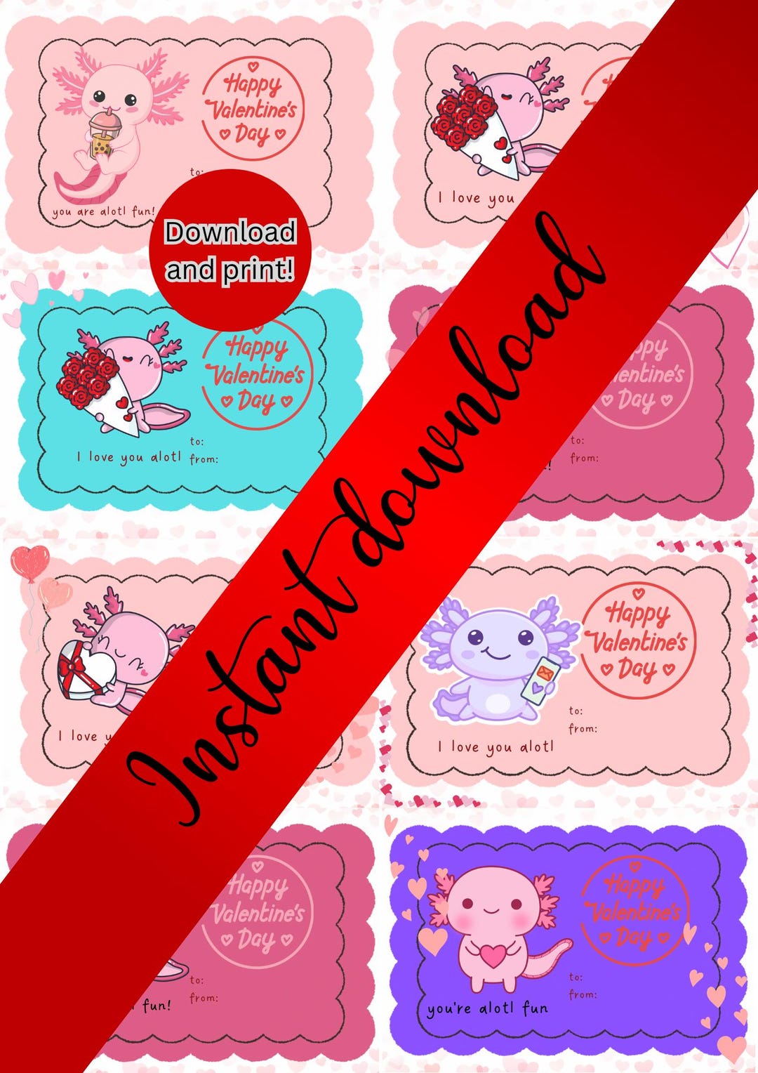 Cute Axolotl Valentine Cards, Printable Valentine Cards, Cute Axolotl ...