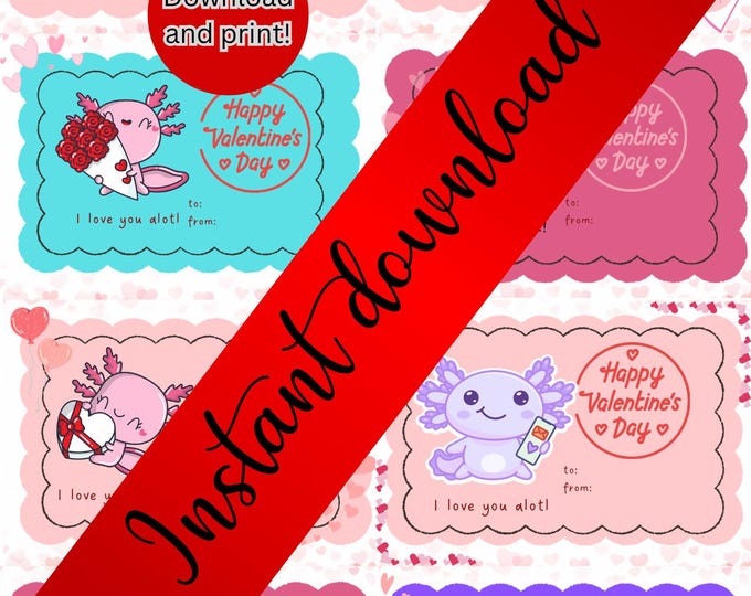 Cute Axolotl Valentine Cards, Printable Valentine Cards, Cute Axolotl ...