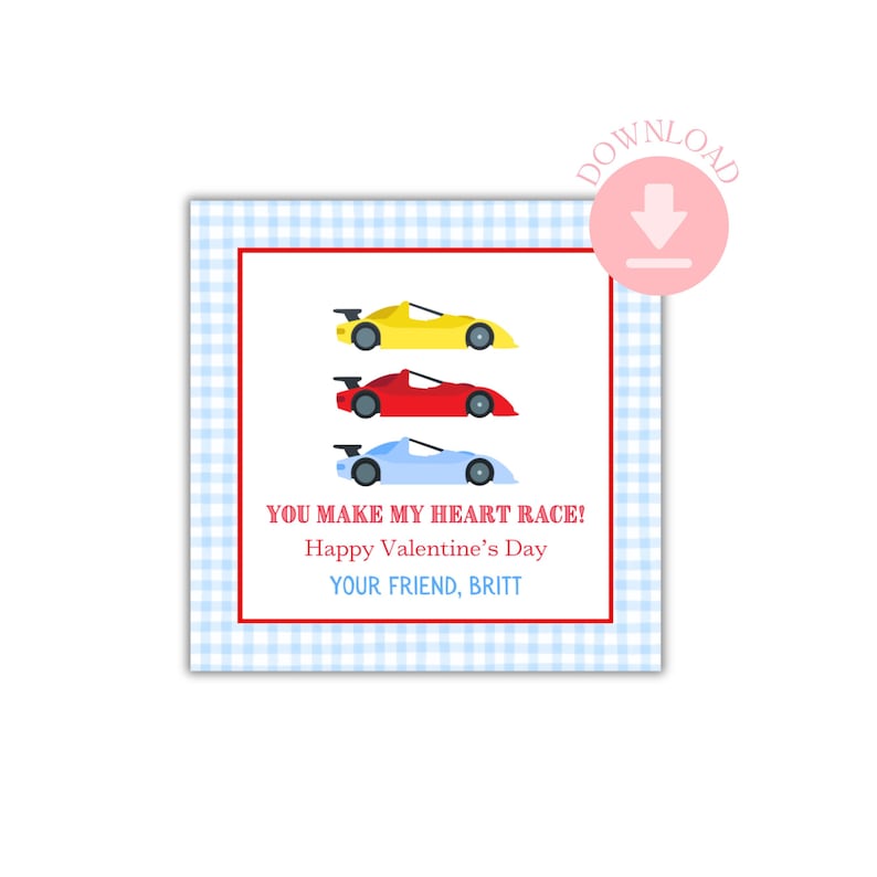 Printable Race Car Valentine’s Day Tag Blue Gingham / You Make My Heart ...