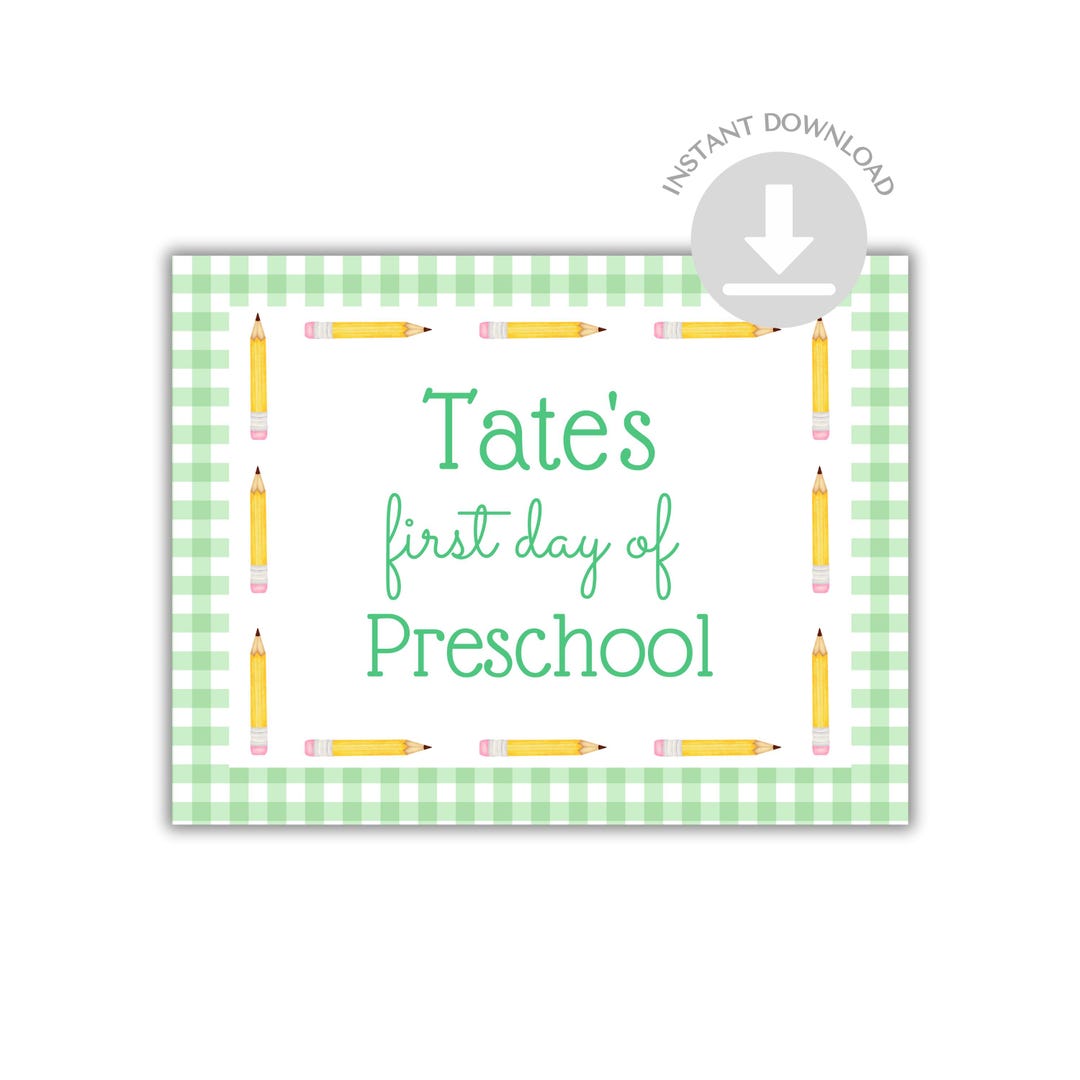 Printable First Day of School Sign / Green Gingham / Pencils / Back to ...