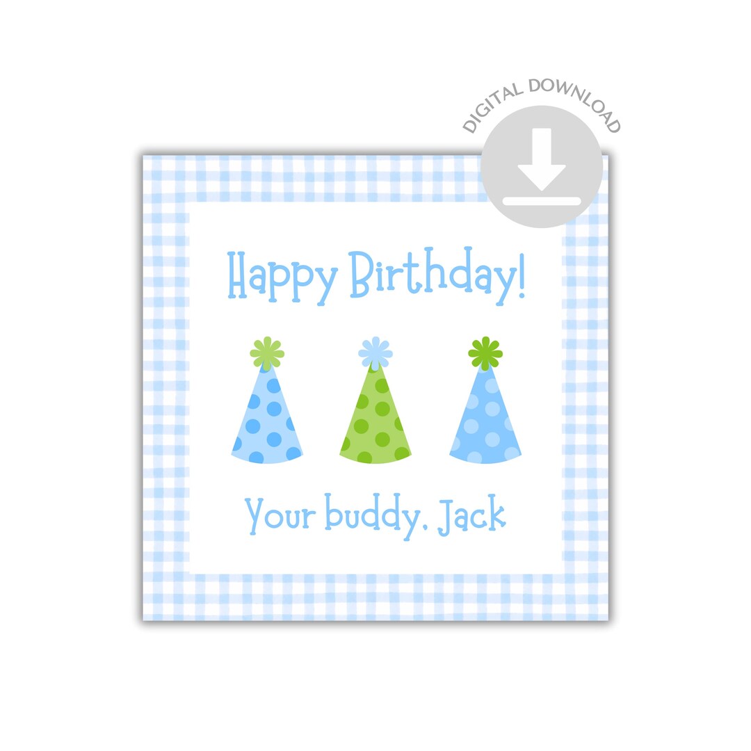 Printable Happy Birthday Gift Tag Blue and Green Party Hats / Digital ...