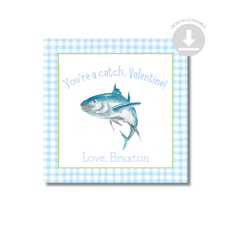 Printable You're a Catch, Valentine Fish Tag Bleu Gingham - Etsy