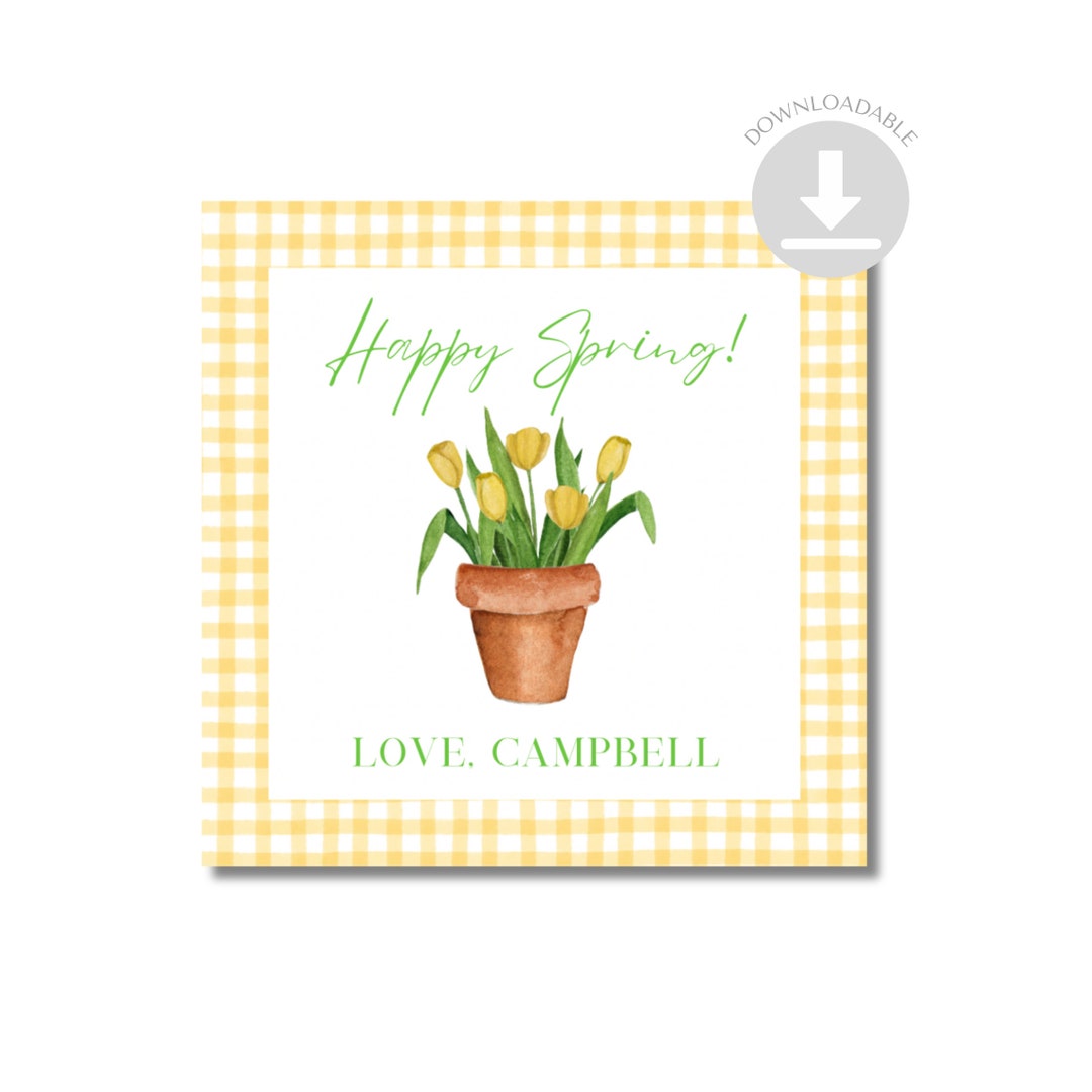 Printable Happy Spring Gift Tag Yellow Tulips Gingham - Etsy