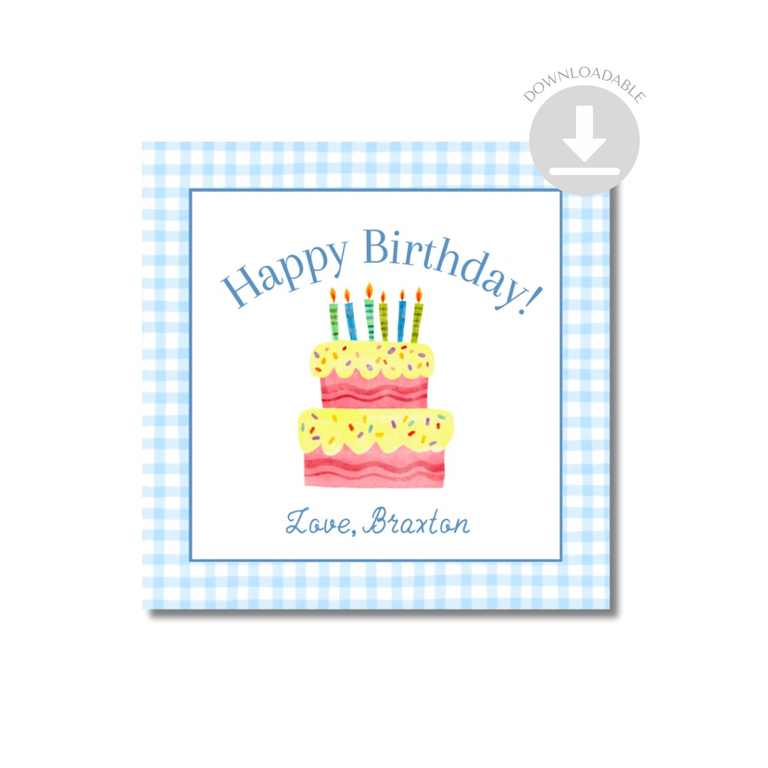 Printable Happy Birthday Gift Tag / Blue Gingham Birthday Cake - Etsy