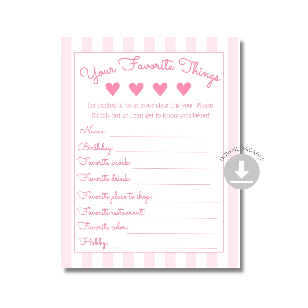 Printable Teacher Favorite Things Sheet Pink Stripes - Etsy