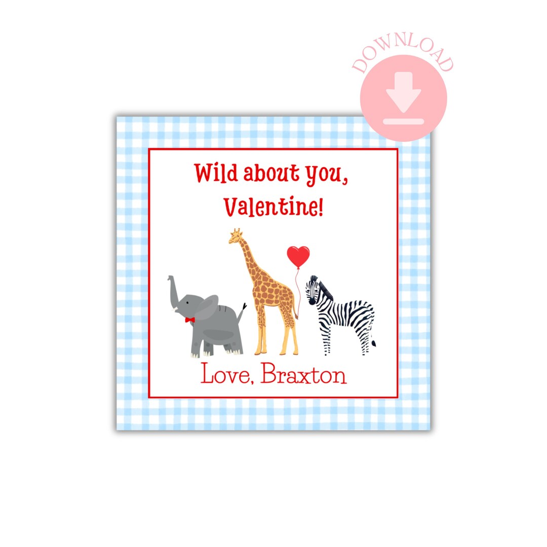 Printable Wild About You Valentine Zoo Animal Tag Blue Gingham - Etsy
