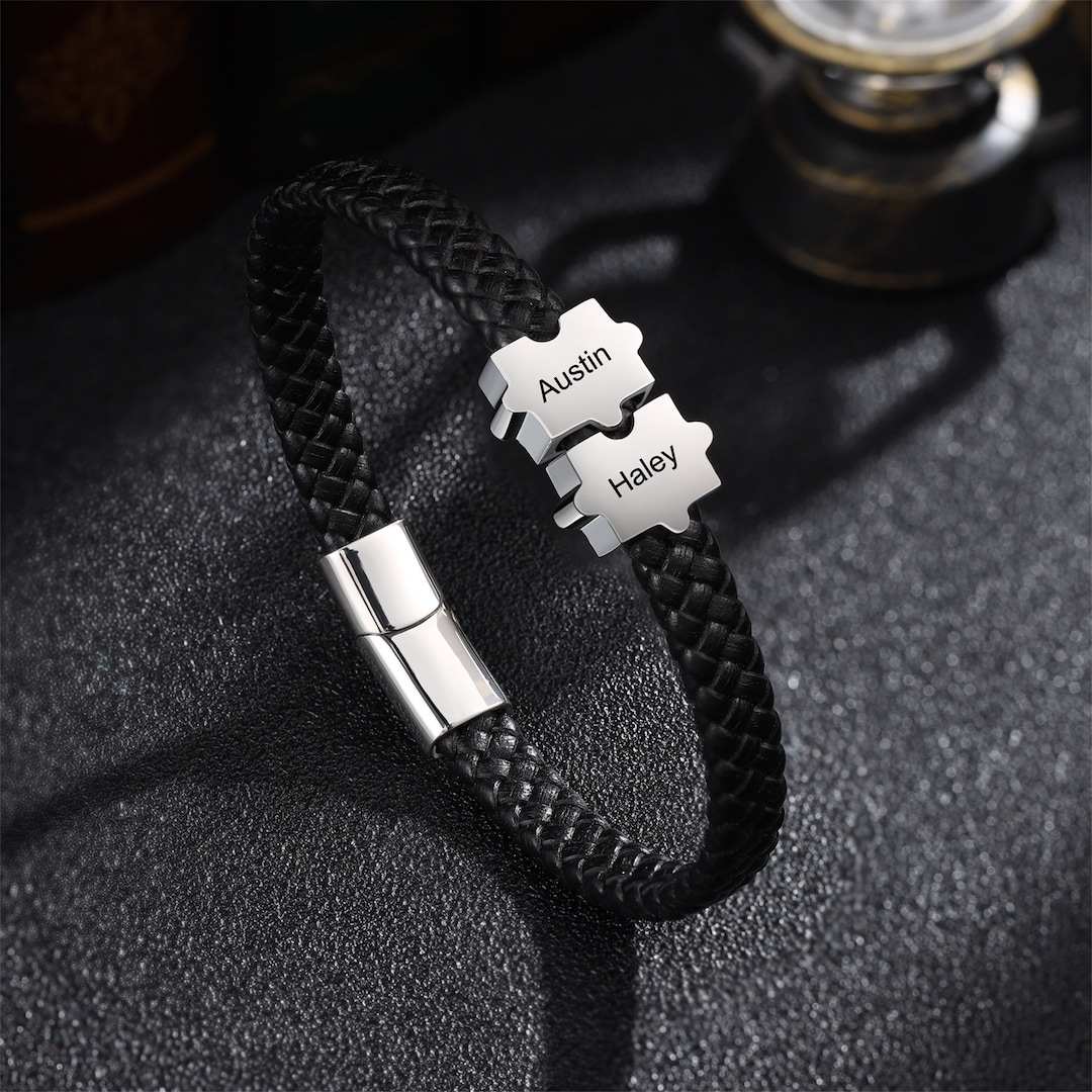 Personalized Leather Bracelet for Men, Custom Names Bracelet With ...