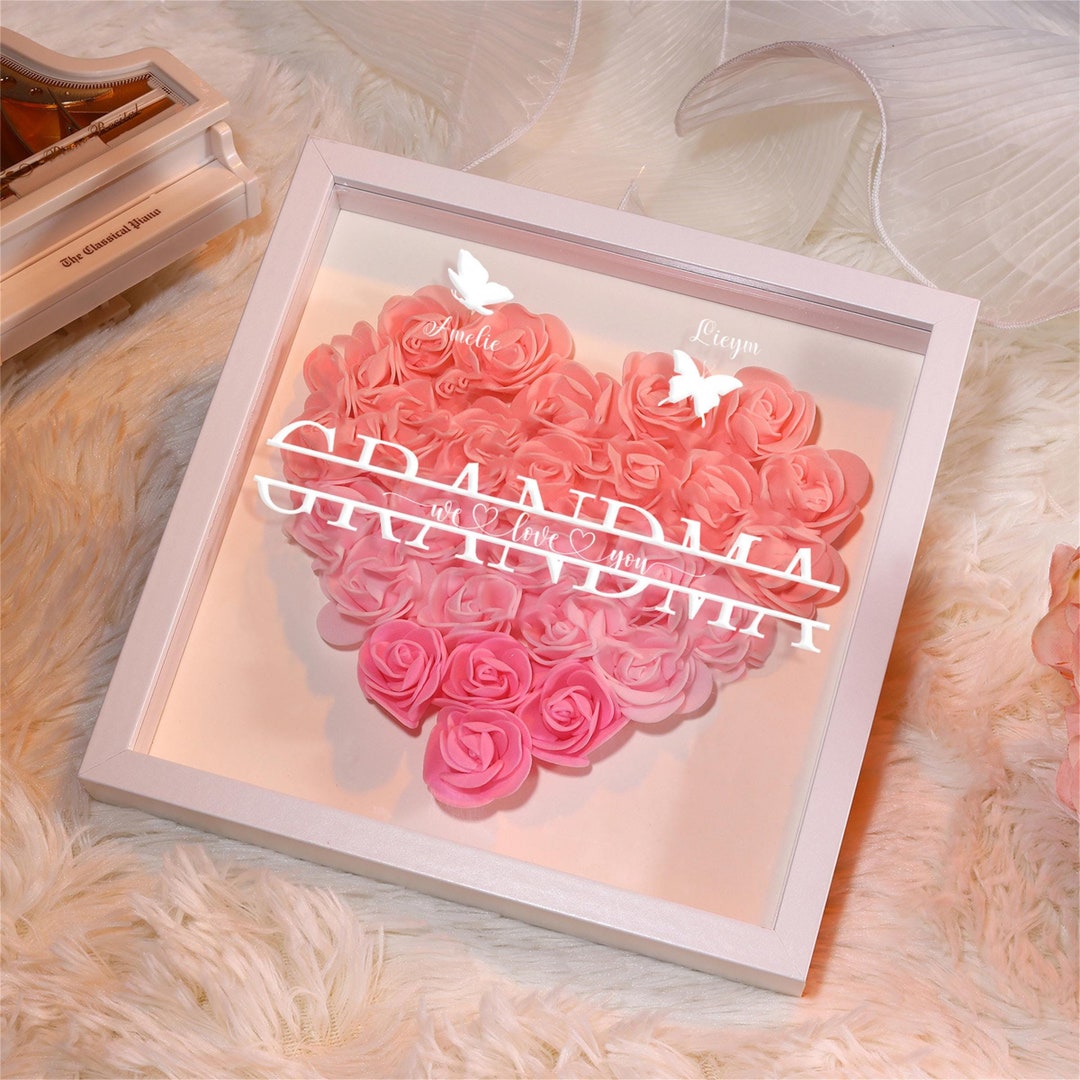 Personalized Heart Flower Shadow Box for Mom, Custom Kids Name Flower ...