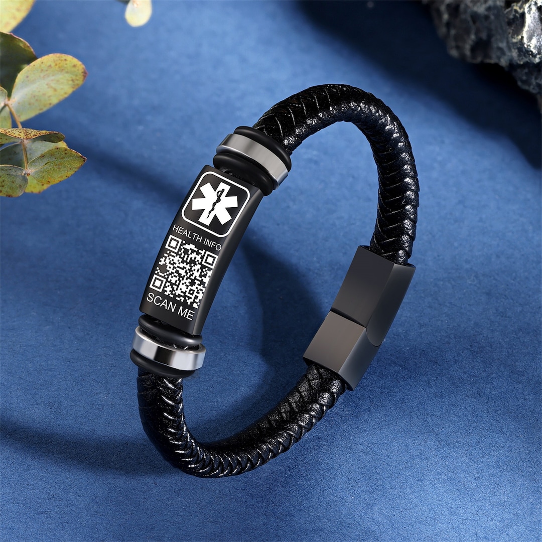 QR Code Medical Alert Leather Bracelets for Men,personalized Engraving ...