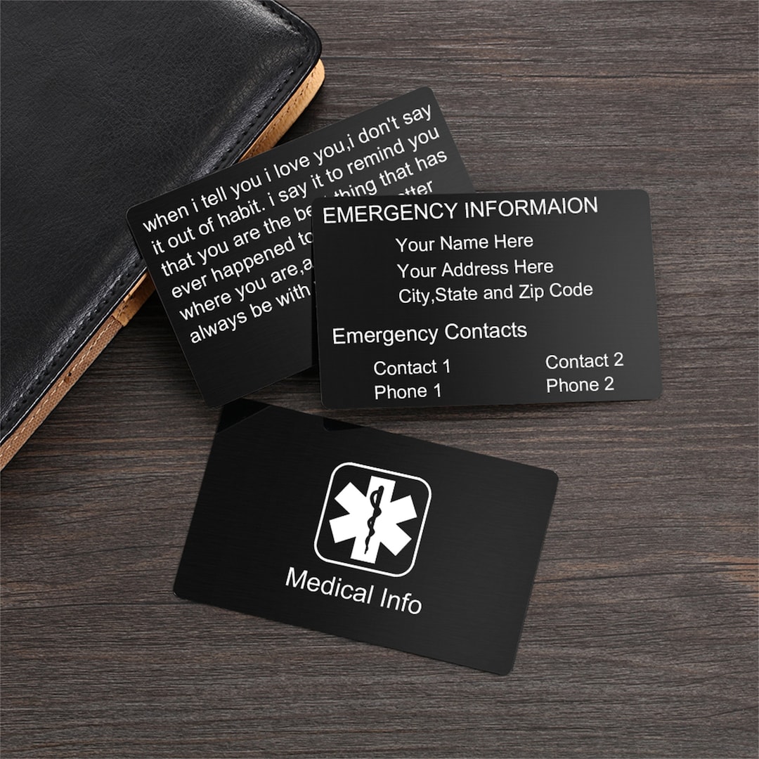 Stainless Steel Medical Alert Card, Custom Engraved Emergency Contact ...