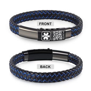 QR Code Medical Alert Leather Bracelets for Men, Personalized Stainless ...