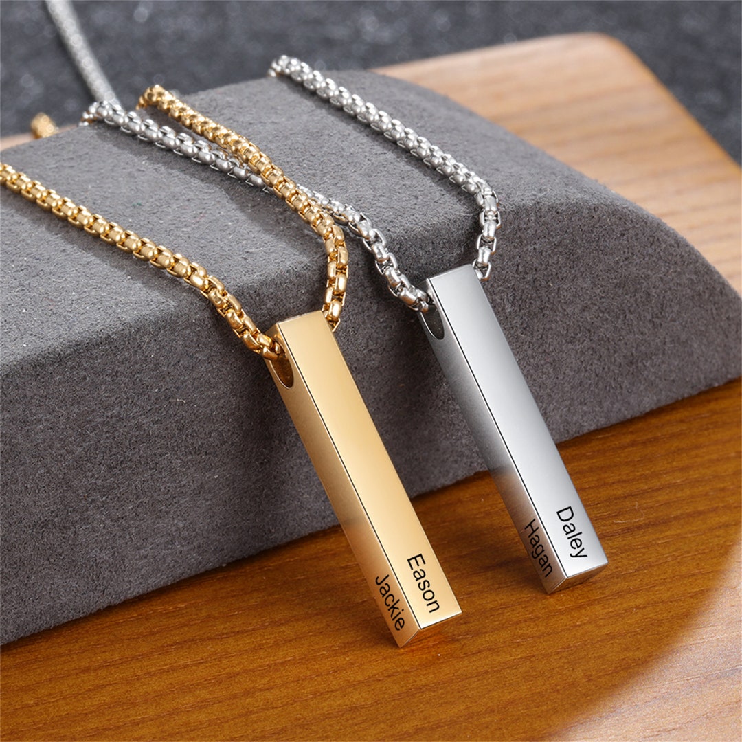 Personalized Engraving 4 Sides, Custom Name Bar Necklace Square 3D Bar ...