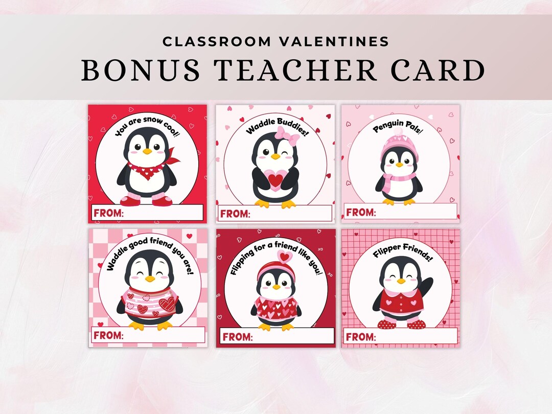 Cute Penguin Valentines Classroom Cards | Two Teacher Valentines Cards ...