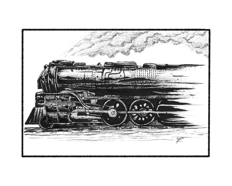 Speeding Steam Locomotive. Hand Drawn Black and White Pen and Ink ...