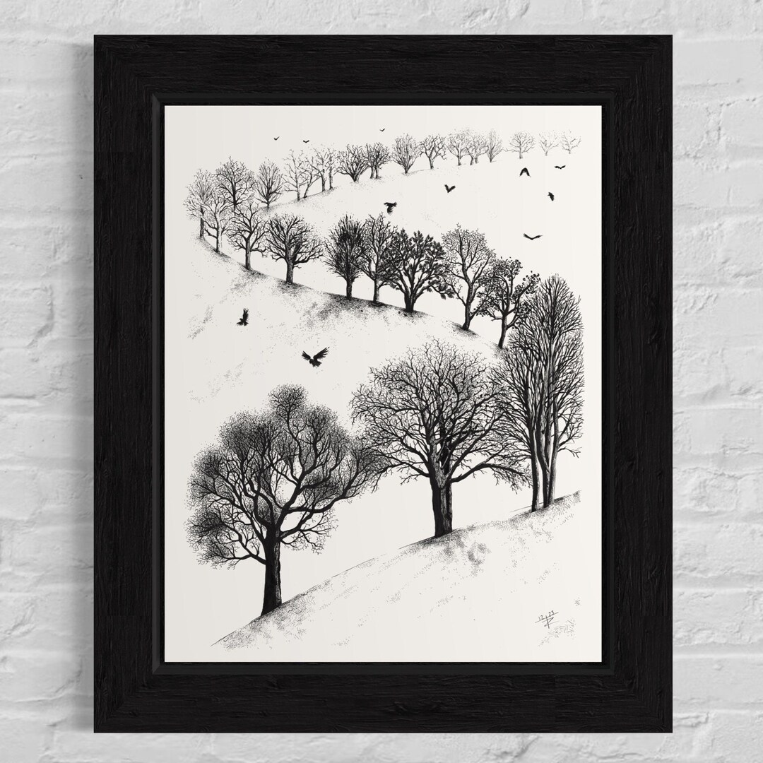 Winter Tree Line. Hand Drawn Black and White Pen and Ink Illustration ...