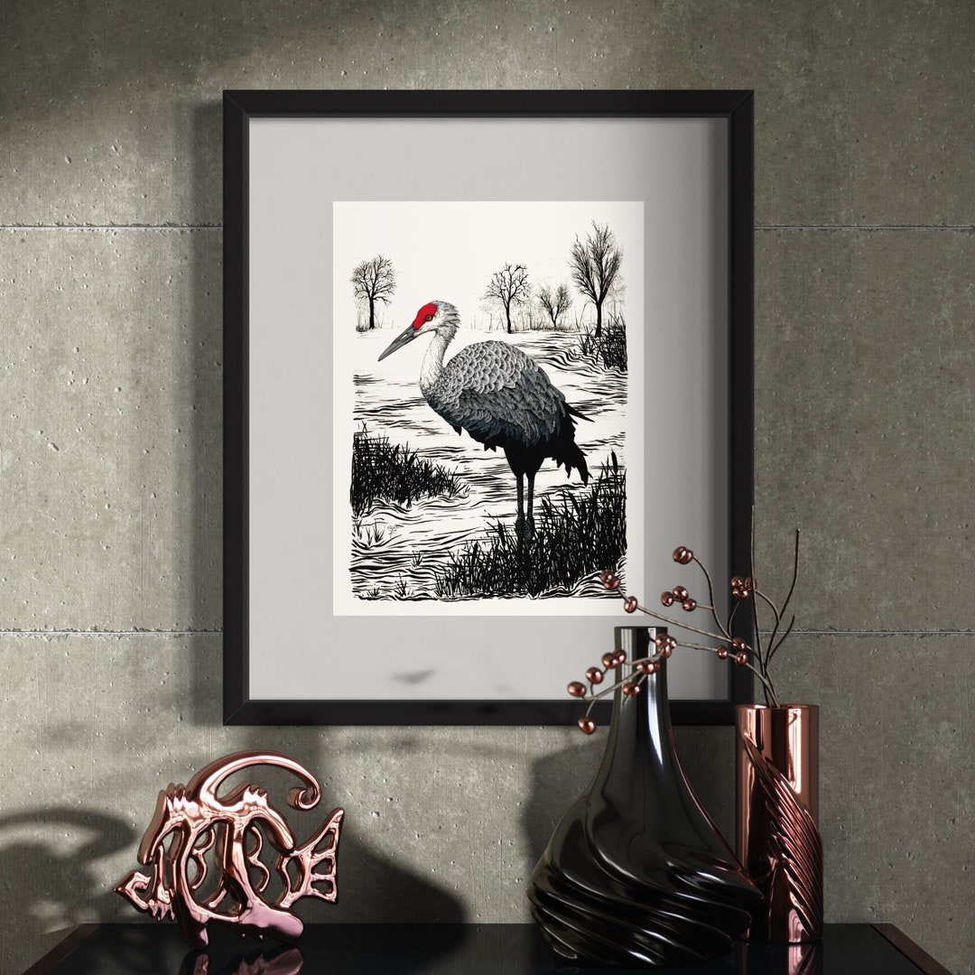 Hand Drawn Sandhill Crane Pen and Ink Illustration, Nature Art ...