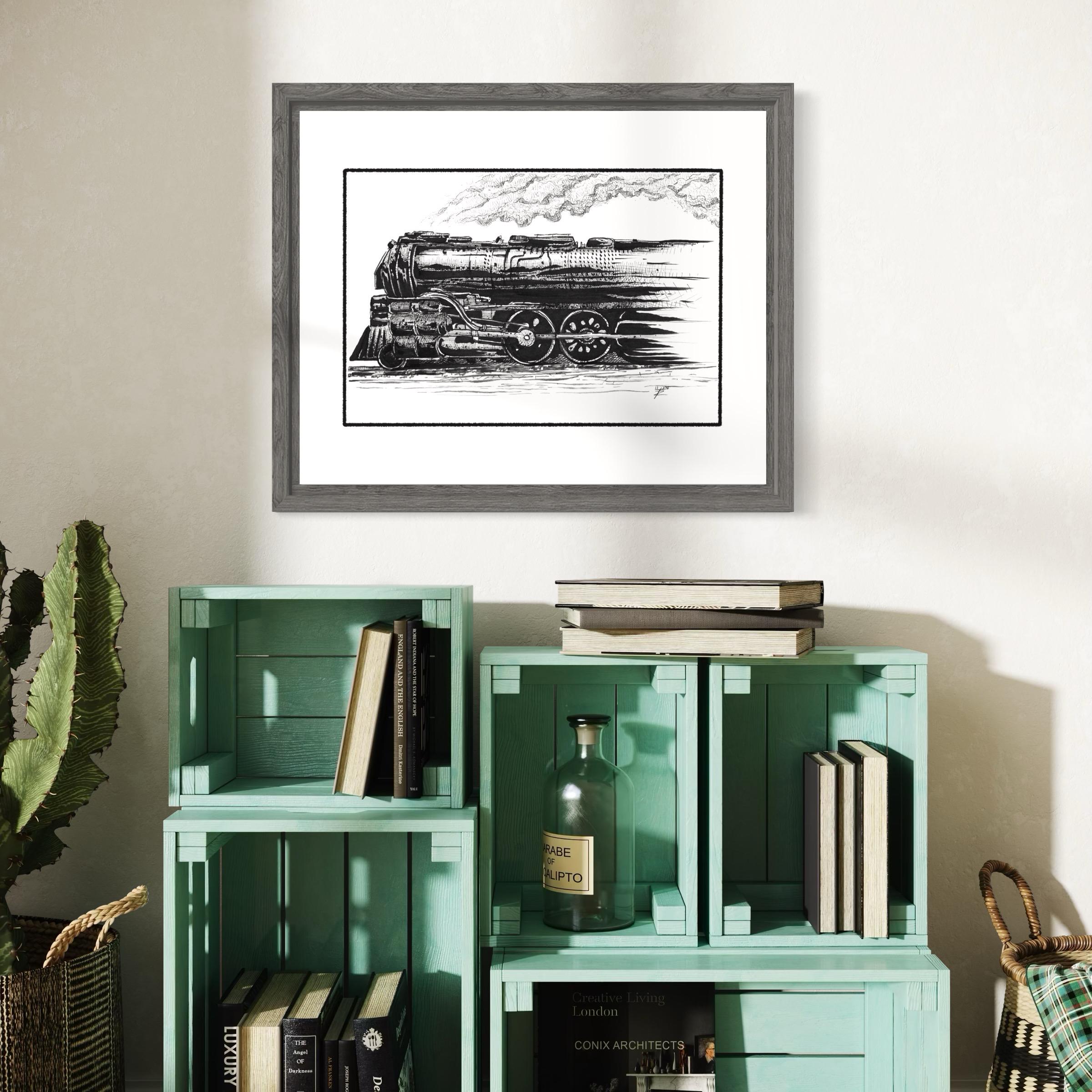 Speeding Steam Locomotive. Hand Drawn Black and White Pen and Ink ...