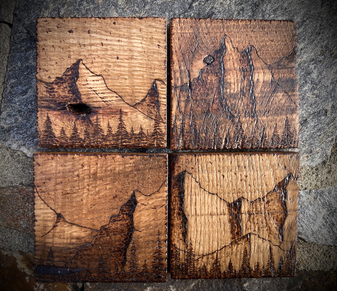 Wood Burned Coasters - Mountain Range - Etsy