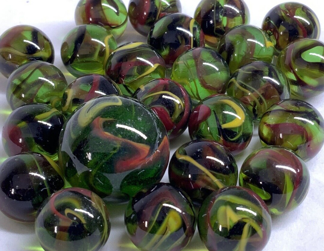 25 Marbles T-REX Green Glass Red Yellow Swirl Game Pack Shooter - Etsy