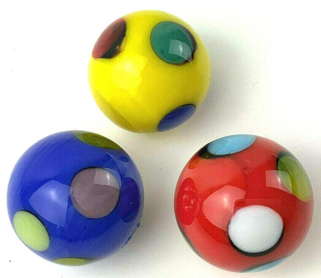 3 DOODLES 16mm Handmade Art Glass Blue Red Yellow Spots/dots Marbles - Etsy