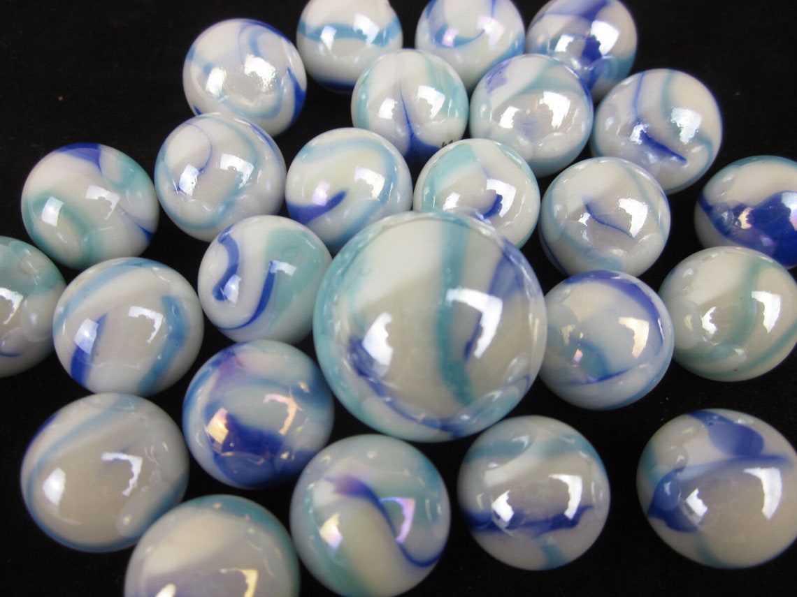 25 Glass Marbles TIGER SHARK Iridescent White Blue Purple Game Pack ...