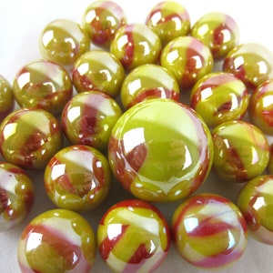 25 Glass Marbles SUN Fire RED/YELLOW Opal Iridescent Shooter Game Style ...