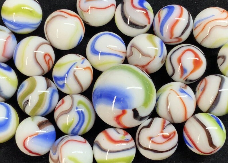 25 Glass Marbles TREE FROG White Red Blue Green Brown Game Pack Shooter ...