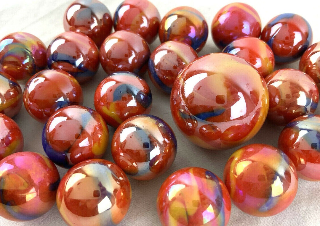 25 Glass Marbles SUPERNOVA Iridescent Red Blue Yellow Game Pack Shooter ...