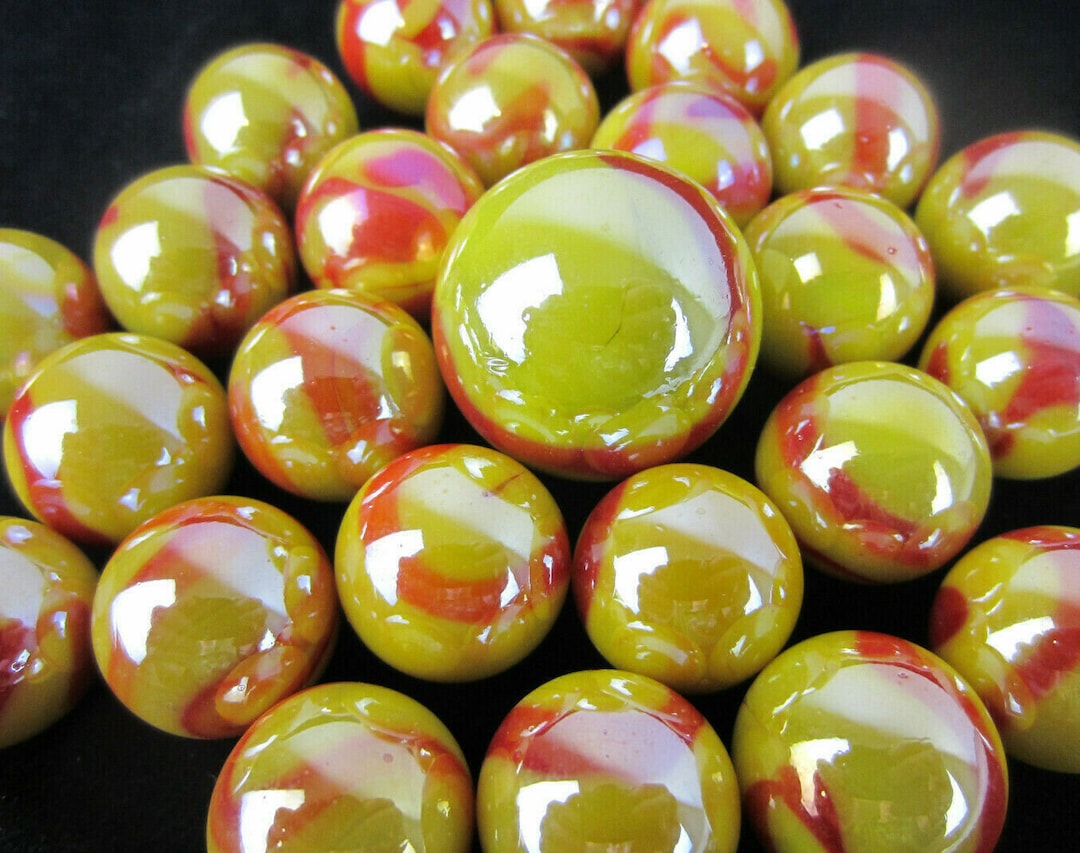 25 Glass Marbles SUN Fire RED/YELLOW Opal Iridescent Shooter Game Style ...