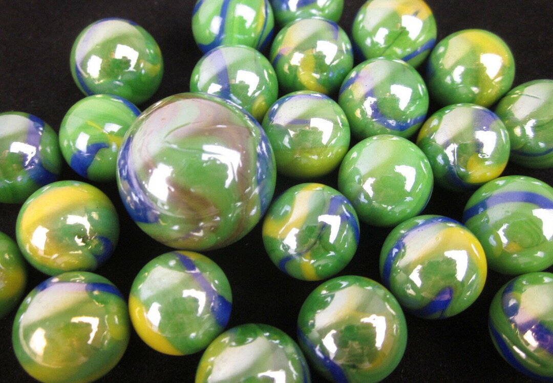 25 Glass Marbles PEACOCK Iridescent Green Blue Yellow Game Pack Shooter ...