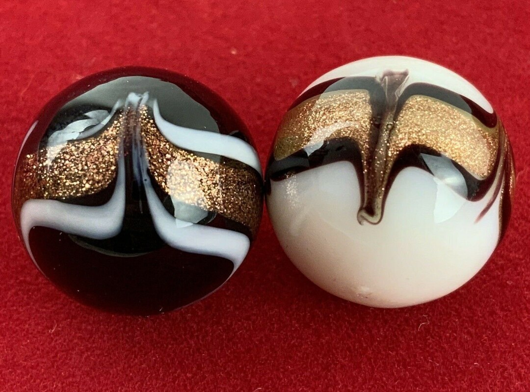 2 INSIGNIA 16mm Handmade Art Glass Black Banded Gold/copper Lutz White ...