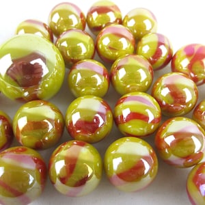 25 Glass Marbles SUN Fire RED/YELLOW Opal Iridescent Shooter Game Style ...