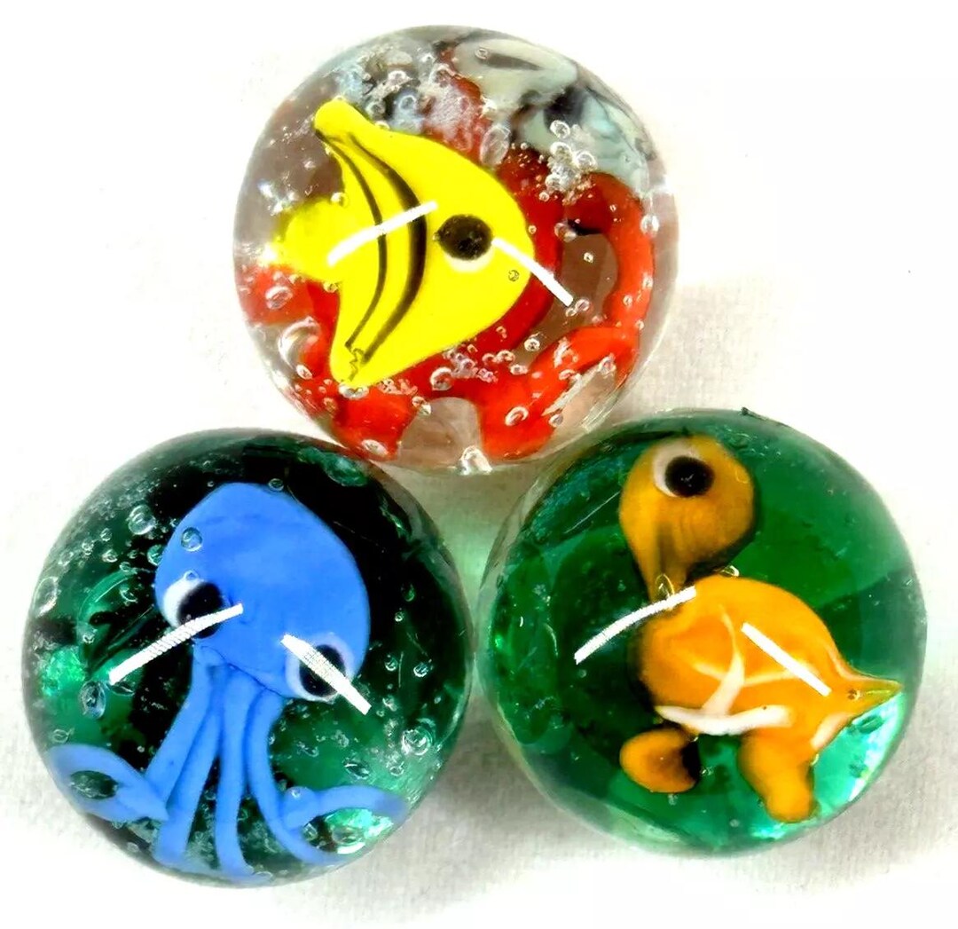 3 AQUARIUS Marbles Tortoise, Octopus, Angel Fish 16mm Handmade Art ...