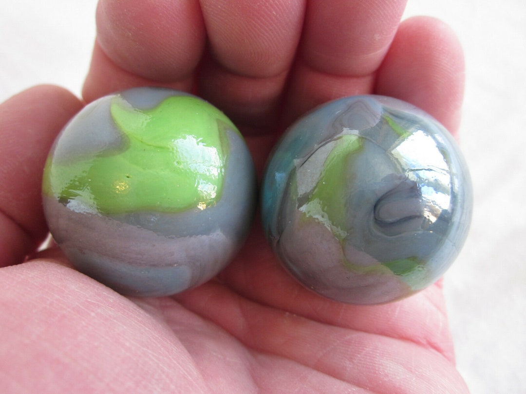 2 BOULDERS 35mm THUNDERBOLT Marbles Glass Ball Green/blue/grey Giant ...