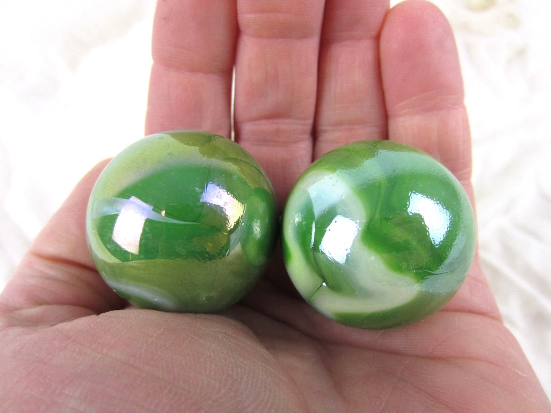 2 Boulders 35mm FUNGUS Marbles Glass Ball Green White Iridescent Large ...